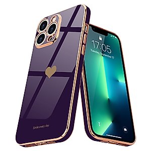 Teageo Compatible with iPhone 13 Pro Max Case for Girl Women Cute Love-Heart Luxury Bling Soft Cover Raised Camera Protection Bumper Silicone Shockproof Phone Case for iPhone 13 Pro Max, Dark Purple