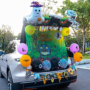 Vlipoeasn Halloween Trunk or Treat Car Decorations, Halloween Cute Scary Monsters PVC Stickers, Happy Halloween Pumpkin Banner, Balloons, Green Halloween Decor for Car Garage Door Entryway Archway