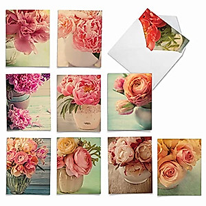 The Best Card Company - 10 Blank Note Cards with Flowers (4 x 5.12 Inch) - Floral Notecards, All Occasion Boxed Assortment - Full Blooms M6553OCB