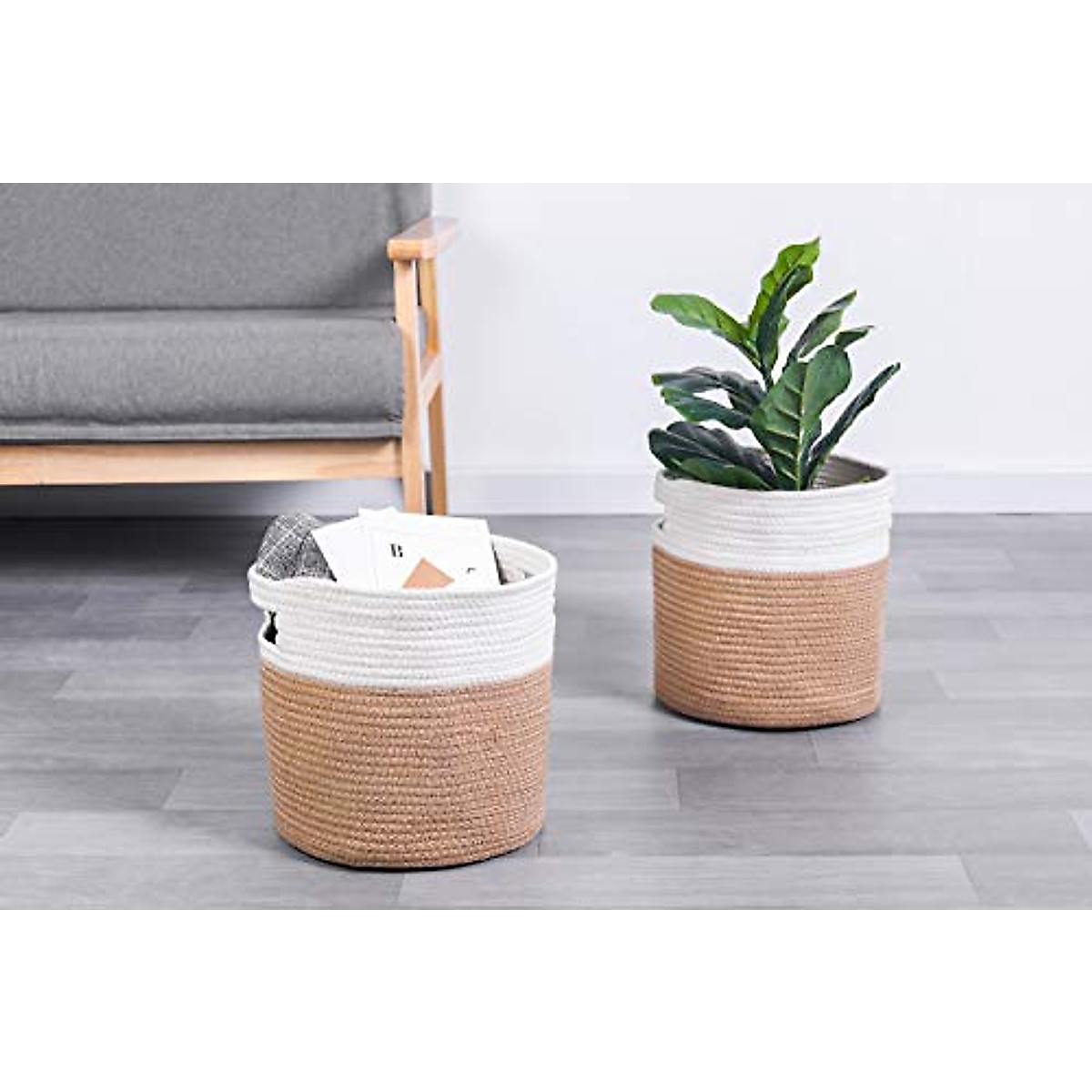 ZFRXZ Cotton Rope Storage Baskets with Handles Set of 2, Laundry Basket Hamper for Baby Toys Blankets, Decorative Woven Plants Basket, Cube Bins Containers Organizers 11"x11" (White-Jute)