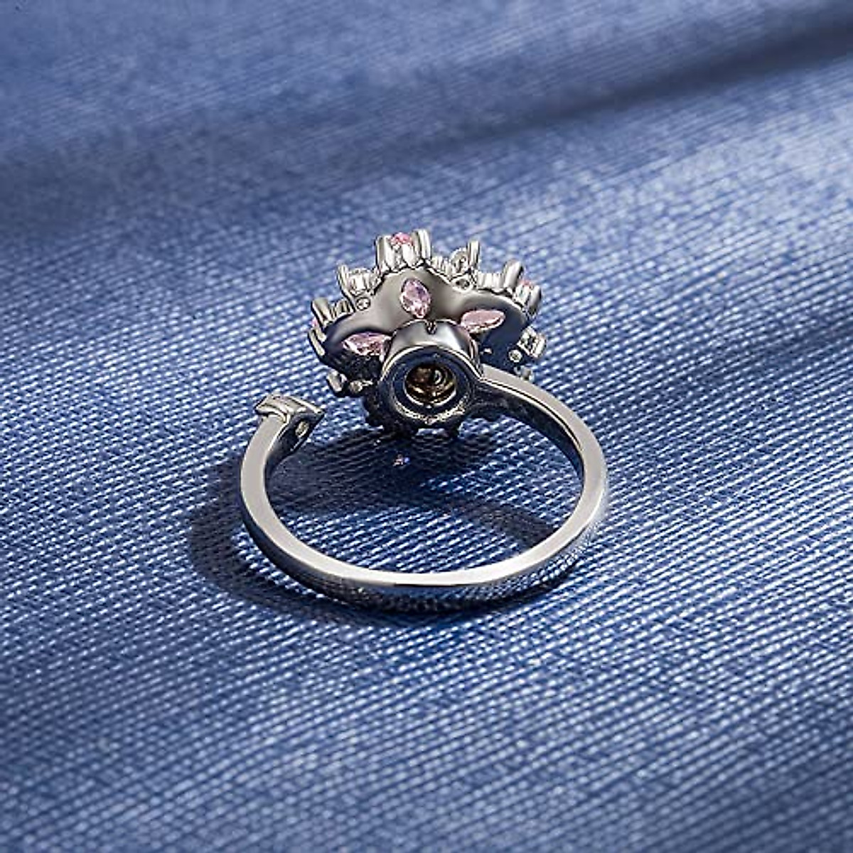 Pink CZ Flower Spinner Fidget Wrap Open Rings for Women Anxiety Rotate Freely Inspirations Stress Relief Cubic Zirconia Statement Jewelry Crochet Loop Adjustable Stacking Diamond Middle Finger Ring Daughter Bff Dainty Birthday Valentine's Day Sweet Crysta