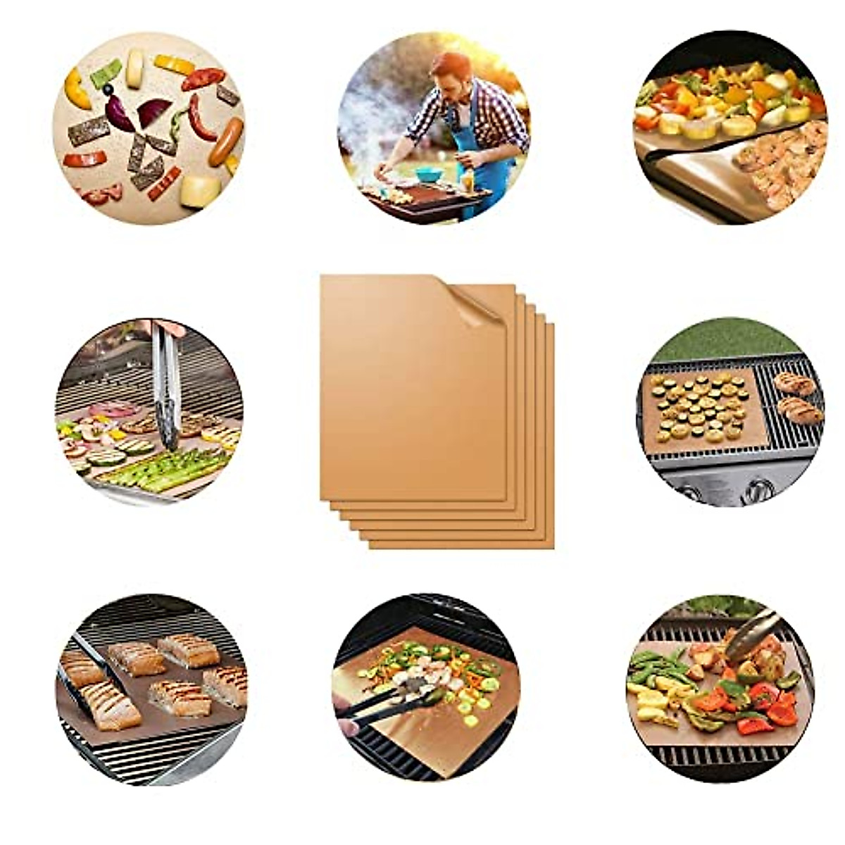 WIBIMEN Grill Mat Set of 7-100% Non-Stick BBQ Grill Mats&Baking Mats, PFOA Free, Heavy Duty, Resuable and Easy to Clean, Works on Gas Charcoal and Electric BBQ (7 Pcs) (Copper)