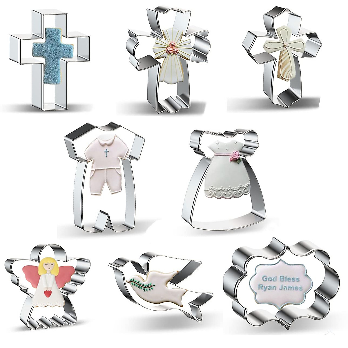 Religious Baptism Cookie Cutter Set of 8 - Holy Cross Angel Pigeon/Dove Baptism Dress Outfits Romper Plaque Frame Shapes First Communion Christening Cookie Cutters Biscuit Molds - Stainless Steel