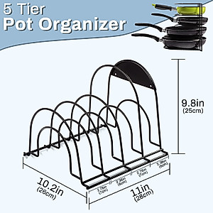 Almcmy Pan Organizer Rack,5 Tier Heavy Duty Pots and Pans Organizer,Pot Lid Organizer Rack for Kitchen Counter & Cabinet Storage and Organization,Send 3 PCS Silicone Cooking Spatulas&Cleaning Cloth