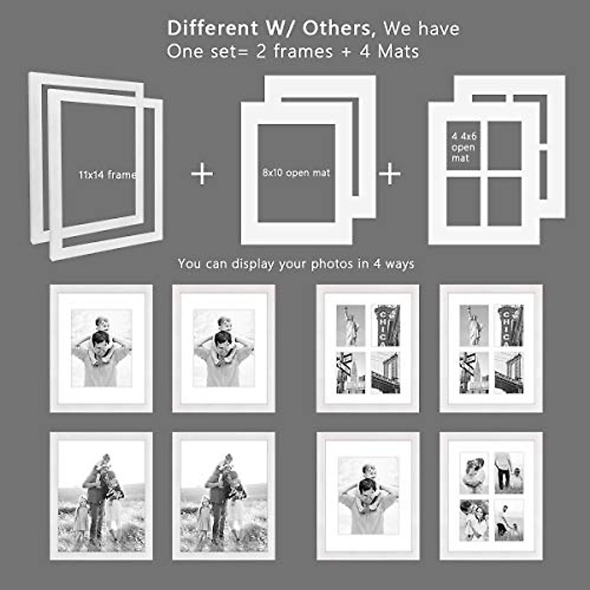 Hap Tim 11x14 Picture Frame Set of 2,Each White Wood Pattern Frame with 2 Mats,Display 8x10 or Four 4x6 Photos with Mat,11x14 Picture Without Mat for Wall Display(CWH-11x14-CB)
