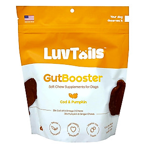 LuvTails Gut Booster Soft Chew Supplements for Dogs, Dog Digestive Support with Fennel, Pumpkin and Cod Oil Promotes Healthy Gut, 60 Chews