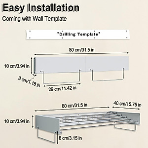 CROSDE Clothes Drying Rack Foldable, Wall Mounted Retractable Clothing Laundry Rack, Space Saving Heavy Duty Hanger Dryer Rack for Indoor Outdoor, 110 lb Capacity (Silver 32'')
