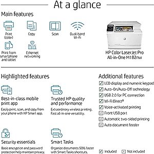 HP Color Laserjet Pro MFP M182nw Wireless All-in-One Laser Printer, Print Scan Copy, 17ppm, Auto-On/Auto-Off Function& Numeric Keypad, Compatible with Alexa -WULIC Printer Cable