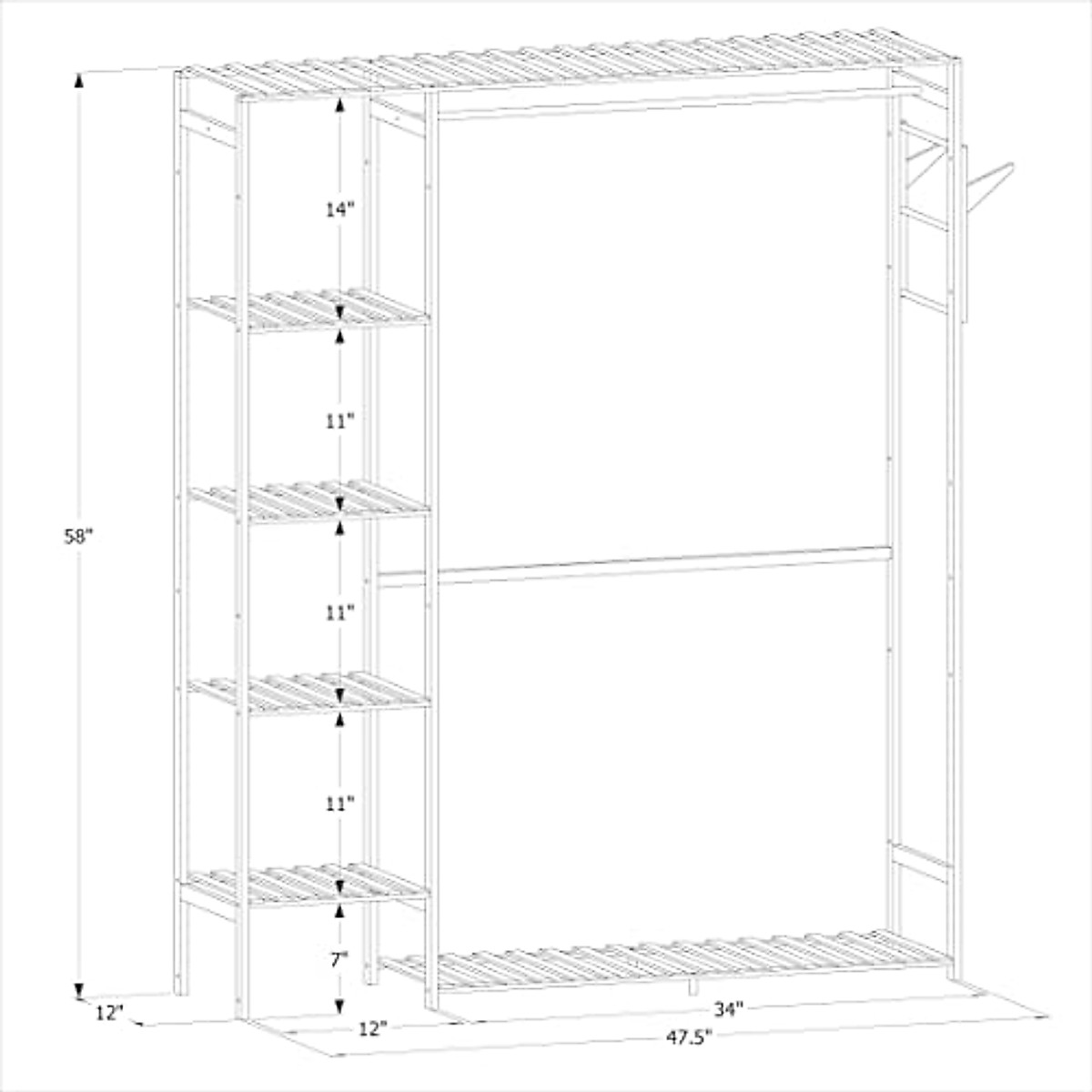 MoNiBloom Bamboo Clothes Rack, 6 Tier Garment Clothing Storage Shelving with Pants Scarves Racks and a Hanging Rob for Bedroom Living Room, Brown