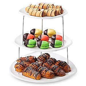 Collapsible Party Tray, 3 Tier - The Decorative Plastic Appetizer Trays Twist Down and Fold Inside for Minimal Storage Space. An Elegant Tray for Serving Sandwiches, Cake, Sliced Cheese and Deli Meat.