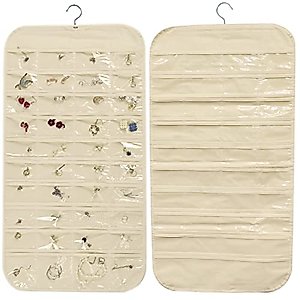 KIMCHOMERSE Hanging Jewelry Organizer Double Sided 80 Pockets Jewelry Storage Holder Bag for Home and Travel to Organize Necklaces Bracelets Earrings Rings Chains Hairpin Headband - Beige