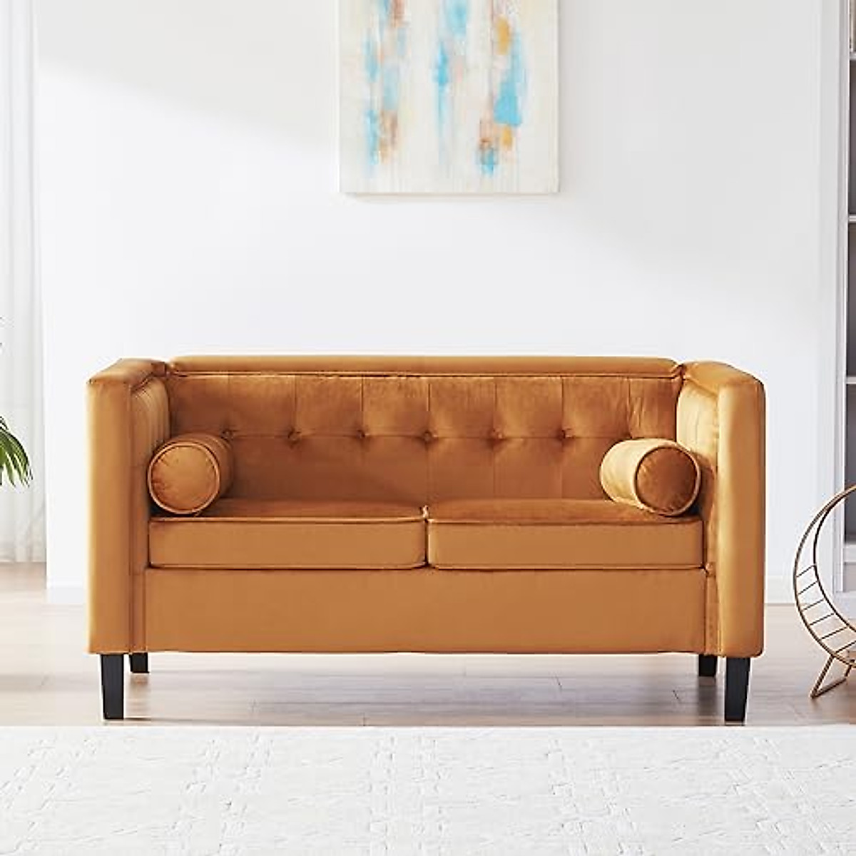 WILLOVE 58" Mid-Century Modern Velvet Sofa, 2 Seater Couch with Comfy Deep Seats, Small Loveseat Couch for Living Room Furniture with Two Throw Pillows, Easy to Install (Ginger)