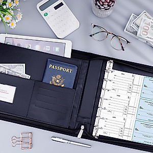 Antner Zippered 7 Ring Business Check Binder Portfolio for 3-Up Business Size Checks, PU Leather 7 Ring Checkbook Binder 600 Checks Capacity for 9 × 13 Inch Sheets, Built-in Storage Organizer, Black