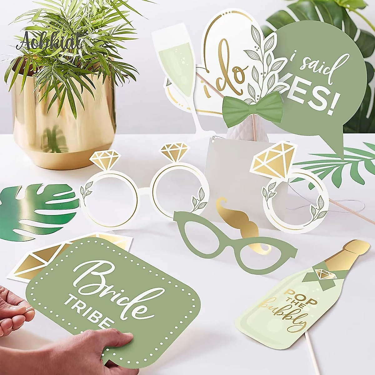 AOBKIAT Olive Green Wedding Photo Props Kit,12 Pack Engagement Photo Props Accessories with Wooden Dowels for Bridal Shower Wedding Favour Party Decorations