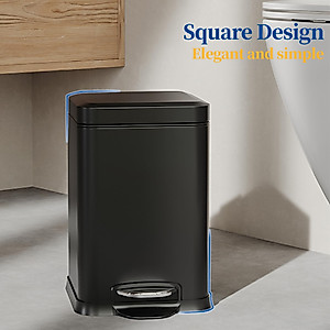 Ruacq Small Bathroom Trash Can with Lid Soft Close,Step Pedal, 1.6 Gallon/6 Liter Bathroom Garbage can with Removable Inner Bucket,Stainless Steel Trash Bin,Anti-Fingerprint Finish (Matt Black)