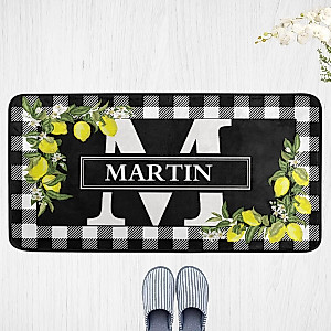 Custom Family Name Buffalo Plaid with Lemon Doormat Non-Slip Anti Fatigue Personalized Kitchen Rug 39 x 20 Inch Personalized Comfort Entryway Door Mats Perfect Carpet for Home Decor
