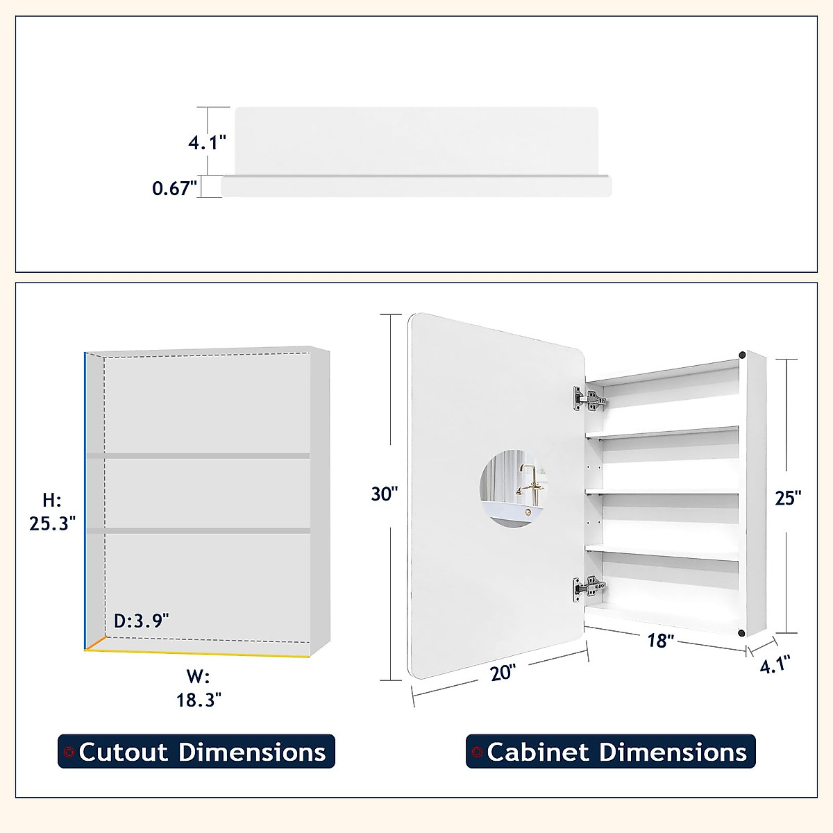 Jesantab White Medicine Cabinet Mirror for Bathroom, 20x30 Inch Recessed Medicine Cabinet or Surface Mount, Frameless Beveled Bathroom Mirror with Storage Modern Farmhouse