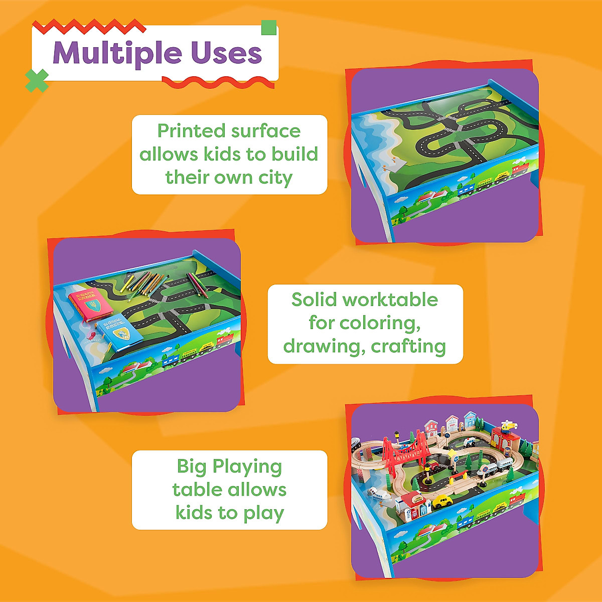 Wooden Train Set Table for Kids, Deluxe Had Painted with Tracks, Cars, Boats, and Accessories for Boys and Girls by Hey! Play!