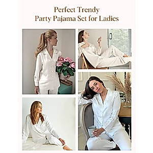 LilySilk Silk Pajamas for Women Button Up Pajamas Set for Ladies Girls Soft Maternity Pajamas Birthday Bridal Party Gift for Christmas Anniversary Valentine's day, Natural White M