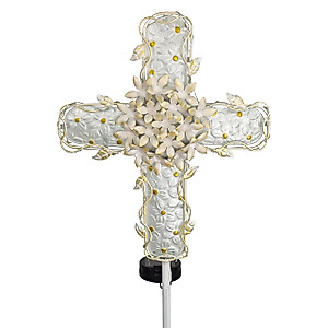 COOZZYHOUR 38Inch Cross Solar Garden Lights Outdoor Decorative - Solar Metal&Glass Cross White Hydrangea Flower Stake Lights- Waterproof 20 Warm White LED for Remembrance Gifts & Sympathy Gifts.