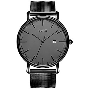 BUREI Men's Fashion Minimalist Wrist Watch All Black Waterproof Watches Simple Ultra Thin Watches Analog Quartz Date with Stainless Steel Mesh Band
