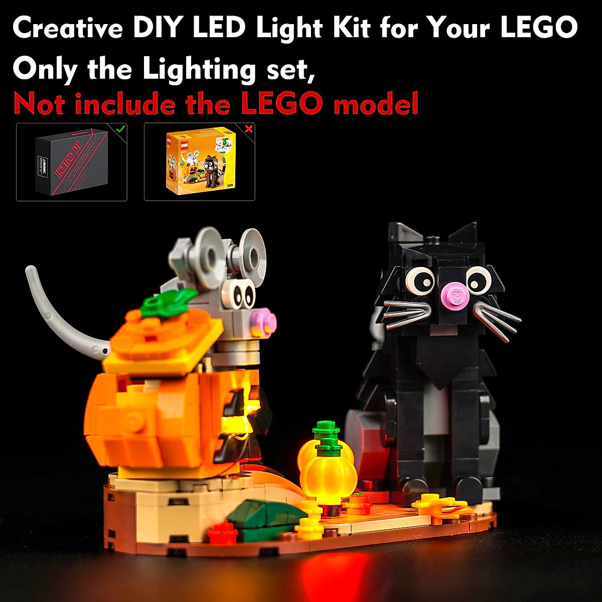 LocoLee LED Light Kit for Lego Halloween Cat and Mouse 40570, Upgraded Pumpkin Lighting Set Accessories Compatible with Lego 40570 Building Set (Lights Only, No Models)
