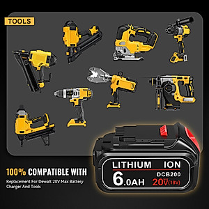 DASNITE 6.0Ah 20V Max Replacement for Dewalt 20V Max Battery Lithium Ion Compatible with Dewalt Batteries DCB200 DCB204 DCB206 DCB201 DCB203 DCD/DCF/DCG Series Cordless Power Tools(2-Pack)