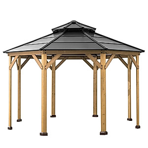 Sunjoy Ion Collection 13 x 13 ft. Cedar Framed Octagon Wood Gazebo with Brown Double Tiered Steel Hardtop Roof and Ceiling Hook for Garden, Backyard Shade
