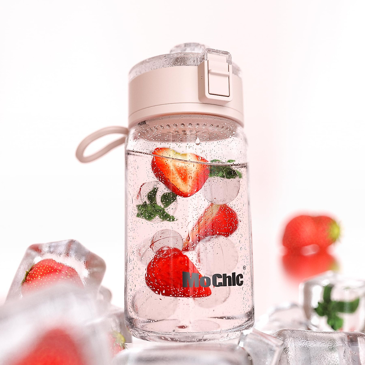 MOCHIC CUPWater Bottle 15oz Wide Mouth Water Bottle transparent Water Jug Leakproof Durable Removable Strainer for Fitness, Gym, Outdoor Sport (pink)