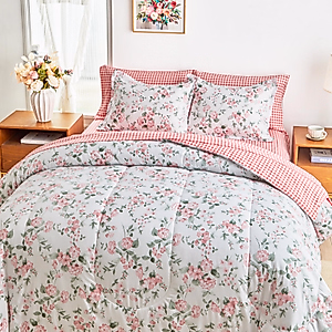 UOZZI BEDDING Bed in a Bag All Season Soft Microfiber Reversible Bed Comforter Set (1 Comforter 2 Pillow Shams 1 Flat Sheet 1 Fitted Sheet 2 Pillowcases) (Flowers 1, Queen-7 Pieces)
