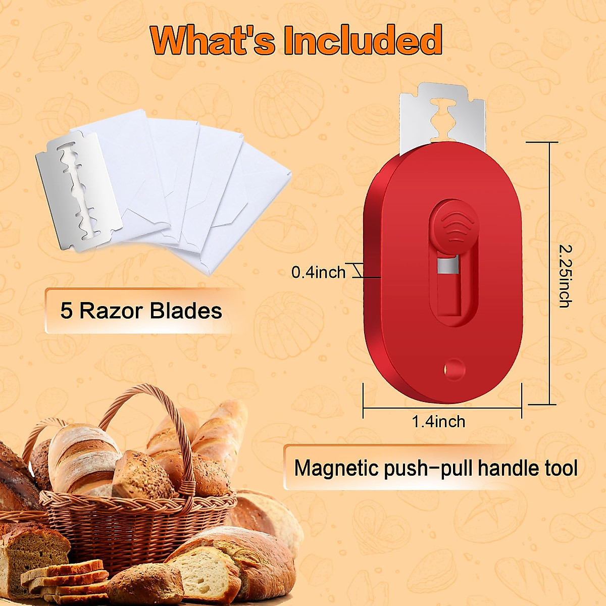 Giying6 Magnetic Bread Lame Dough Scoring Tool,Premium Sourdough Starter Kit,Integrated Push-pull Handle,for Professional Sourdough Baking & Bread Making Tools,contain 5 Razor Blades (Red)