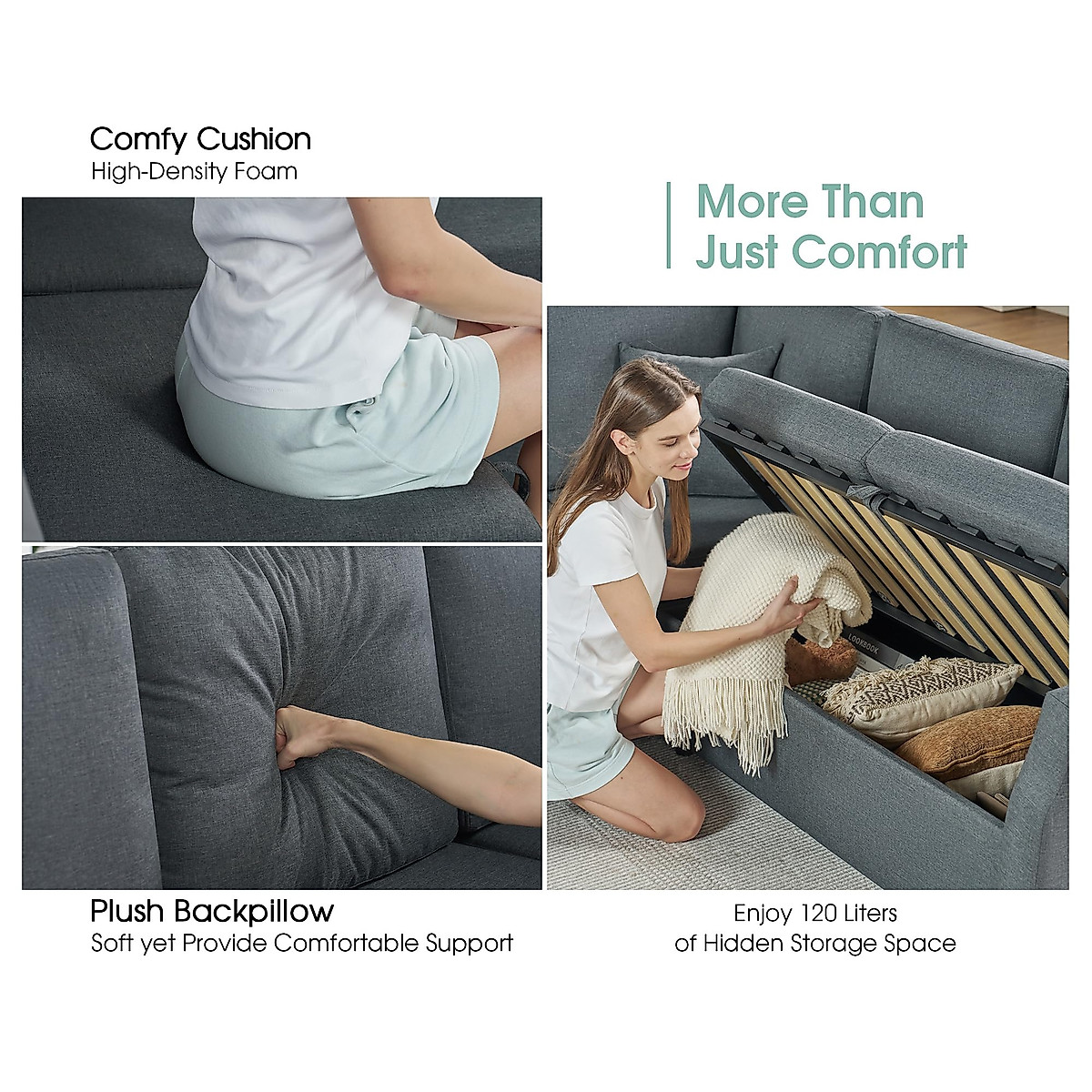 Jocisland Sofa Bed, 85 Inch Sleeper Sofa with Pull Out Bed & Storage Seat, Oversized L Shape Sectional Sofa for Living Room Apartment, Grey Linen Reversible Couch