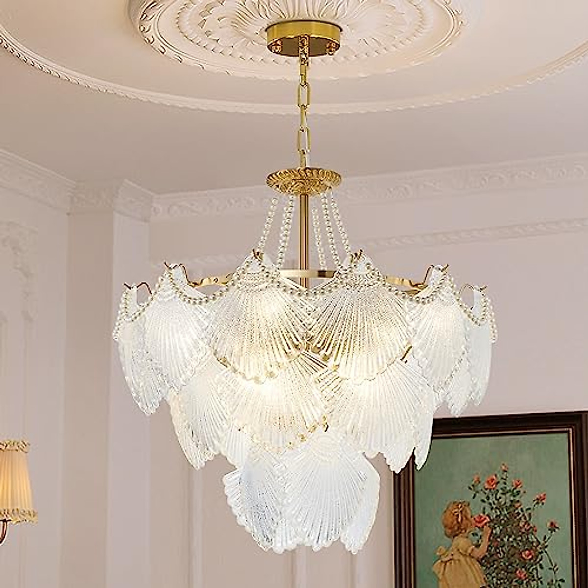 FINE MAKER Modern Glass Chandelier, 24'' Golden Vintage Chandelier for Dining Room, 3 Tiers Hanging Pendant Ceiling Light Fixture with Glass Shell Pearl Shades for Living Room, Bedroom, Kitchen
