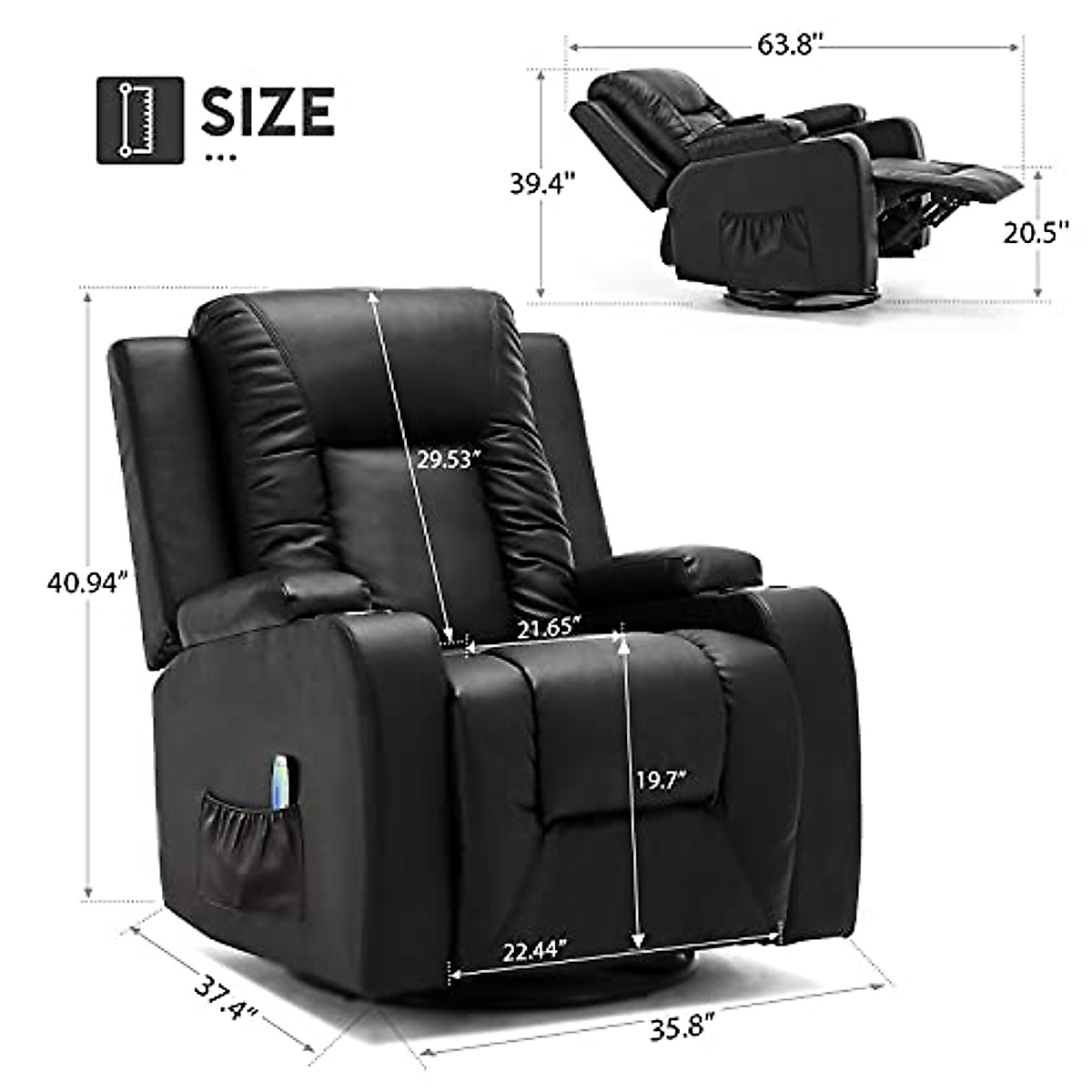 COMHOMA Leather Recliner Chair Modern Rocker with Heated Massage Ergonomic Lounge 360 Degree Swivel Single Sofa Seat with Drink Holders Living Room Chair (Black)