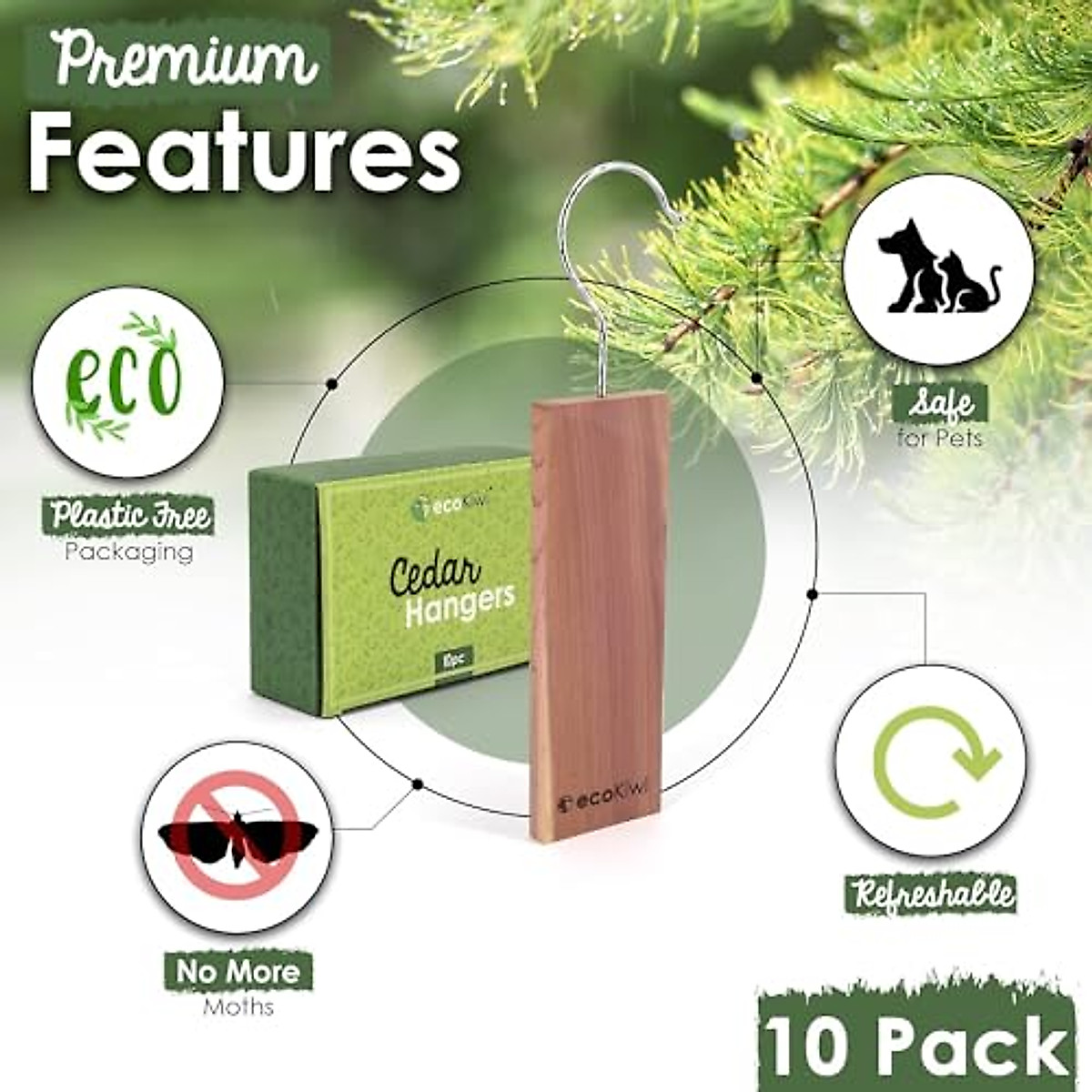 ecoKiwi Cedar Blocks for Clothes Storage - 10 Pack Hanging Cedar Planks - Natural Cedar Chips for Closets and Drawers - Cedar Wood Hangers with Sandpaper - Cedarwood Scent Freshener Protection Control