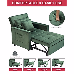 Litbird [UPDATED] Convertible Chair Sleeper Bed, Stepless Adjustable Backrest, Futon Chair Turns Into Bed, Sleeper Sofa for Living Room, 3 in 1, Imitation Flannel, Dark Green