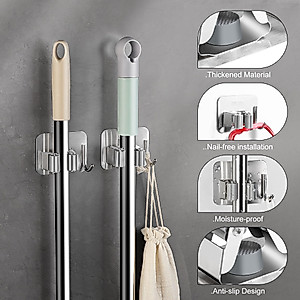 KWOKWEI 5PCS Broom and Mop Holder Wall Mount, Self Adhesive Broom Hanger with Hook, Stainless Steel Garden Tool Organizer Rack Broom Holder for Laundry Room, Bathroom, Garage, Kitchen Silver