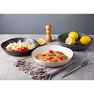 AmorArc 9.75 inch Stoneware Flat Pasta Bowls, 38oz Large Wide Bowls Set of 4 for Kitchen, Microwave Safe Bowls with Wavy Rim for Pasta Salad, Matte Black
