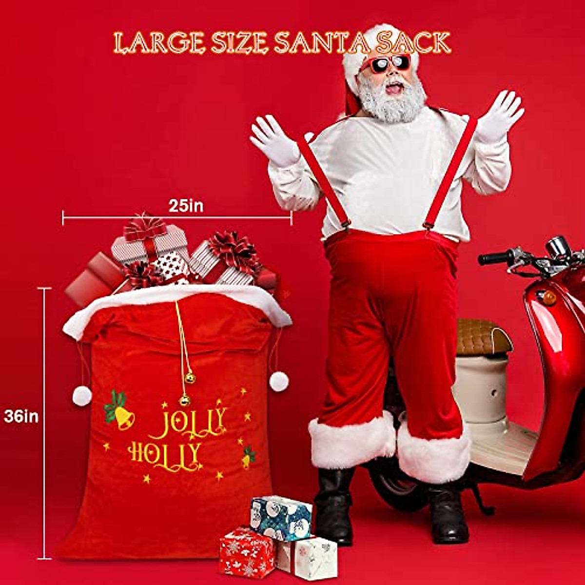 Giant Christmas Santa Sack Velvet Santa Bags for Gifts Extra Large with Cord Drawstring 25 * 36in Red Present Sack Jolly Holly