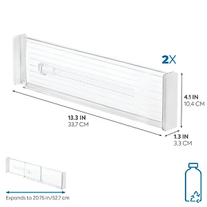 iDesign Plastic Adjustable Deep Drawer Divider, Kitchen, Dresser, Desk, Bathroom and More, The Linus Collection – Set of 4, Expandable 13.25” – 20.75”, Clear