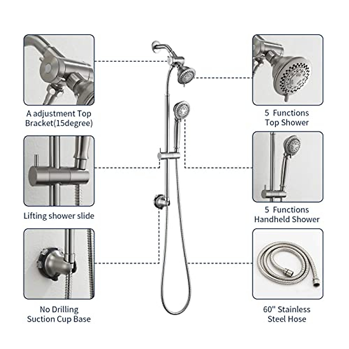 High Pressure Shower Heads with handheld Combo Brushed Nickel HOMELODY Dual Shower Head 5-Setting 4” Showerheads & Handheld Showers with 304 Stainless Steel Shower Slide Bar and 60” Shower Hose