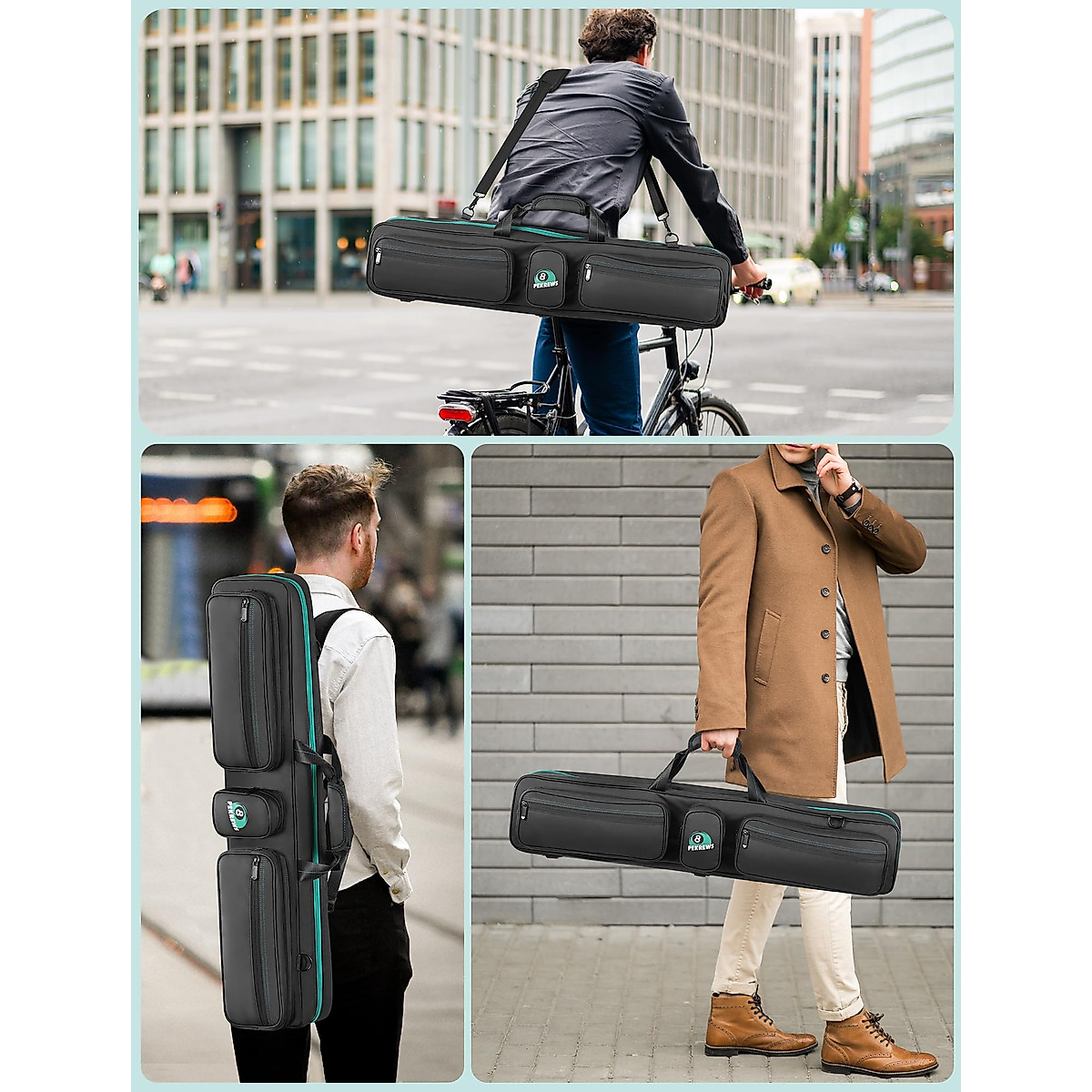 PEKREWS Pool Cue Case 4x4 Pool Stick Bag with Backpack Straps Soft Billiard Cue Carrying Case with Shoulder Strap, Billiard Stick Case Holds 4 Butts 4 Shafts and Billiards Accessories, Black