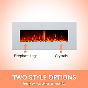 Amerlife 50" Electric Fireplace Wall-Mounted, Fireplace Heater with Timer, Remote Control, Adjustable Flame Brightness, Log Set & Crystal Options, White