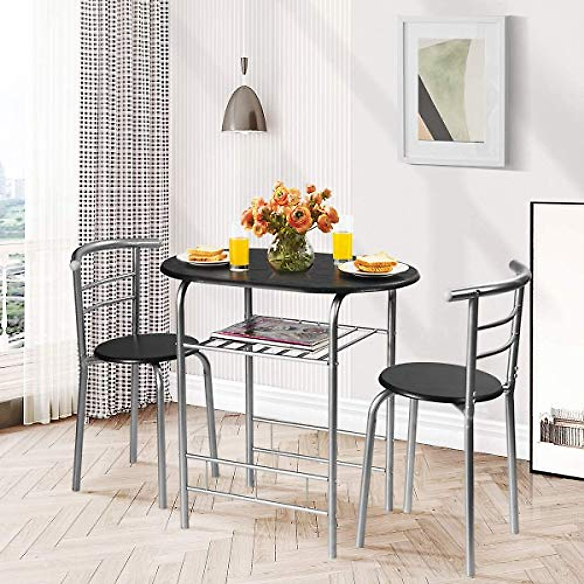 FANTASK 3 Pieces Dining Set, Breakfast Table Set w/Metal Frame and Storage Shelf, Compact Table and 2 Chairs Set for Home Bistro Pub Apartment Kitchen Dining Room Cafe