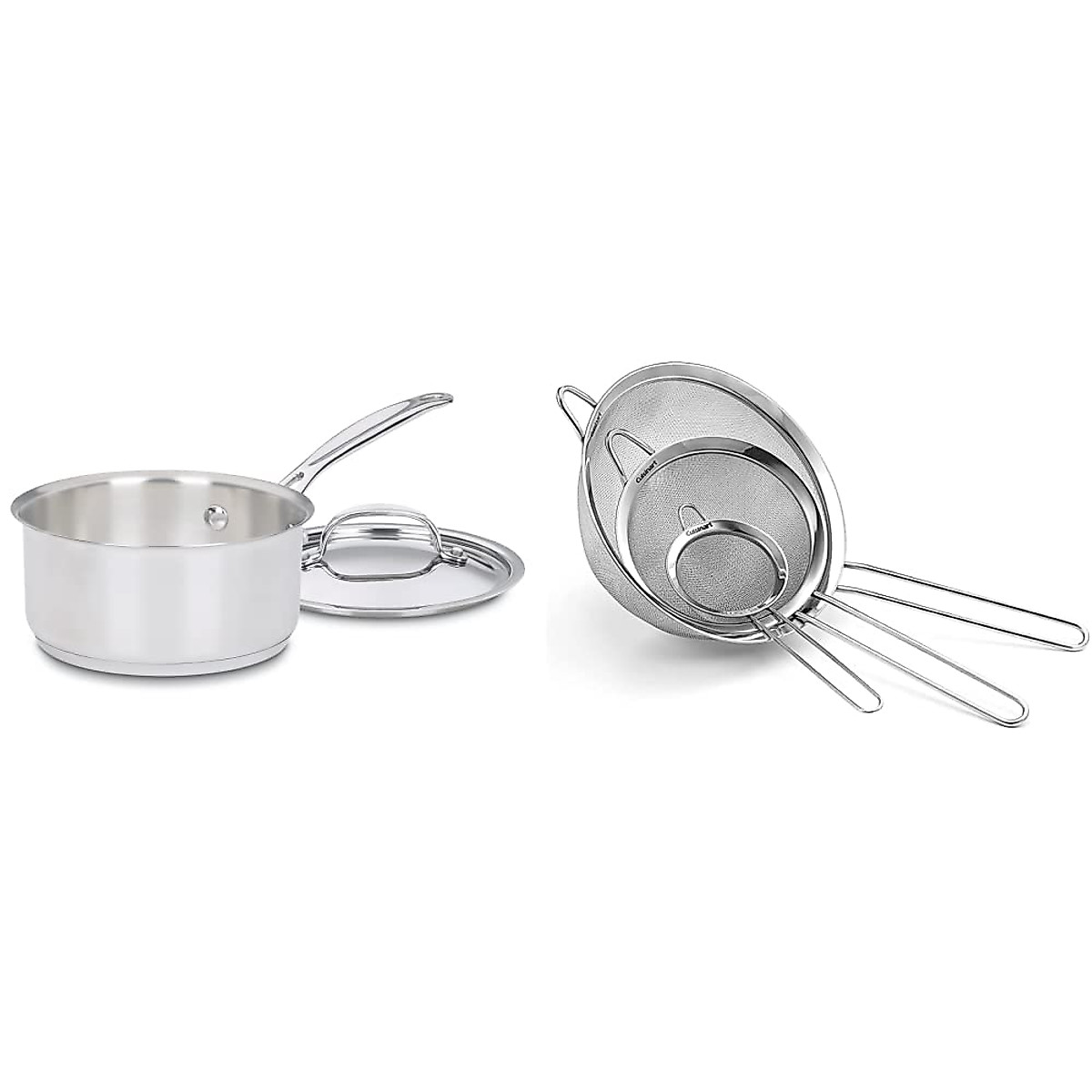 Cuisinart 719-14 1-Quart Chef's-Classic-Stainless-Cookware-Collection, Saucepan w/Cover & CTG-00-3MS Set of 3 Fine Set of Mesh Strainers, 1, Stainless Steel