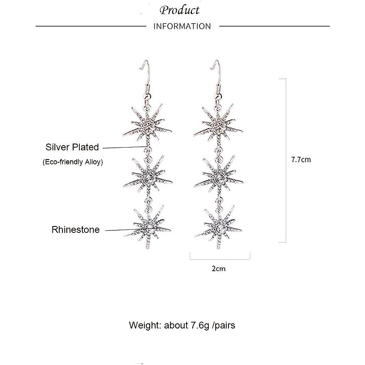 Star Drop Dangle Earrings Crystal Snowflake Earrings for Woman Silver Winter Party Christmas Wedding Women's Jewelry Tengkou (silver-plated-base)