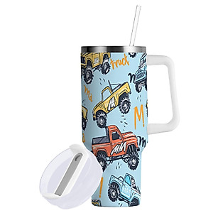ODAWA Colorful Monster Trucks Travel Mug with Handle Tumbler Cup Reusable Stainless Steel Water Bottle