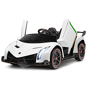 Costzon 2-Seater Ride on Car, Licensed Lamborghini Poison, 12V Battery Powered Car w/ 2.4G Remote Control, 3 Speed, Swing Mode, LED Lights, Horn, USB/MP3/TF, Electric Vehicle for Kids, White