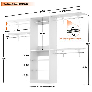 iSunirm 8FT Closet System with Shelves, 96'' Closet Organizer System with 3 Hanging Rods, Wall Mount Bedroom Wardrobe Walk-in Closet, Adjustable Cloth Garment Rack from 5 to 8FT (Cut to Fit), White