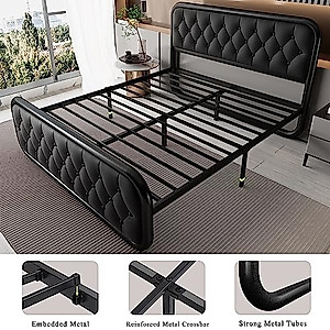 Feonase Queen Bed Frame with Rhombus Button Tufted, Oval-Shaped Metal Platform Bed with Faux Leather Headboard, Strong Slats Support, 12" Under-Bed Storage, Noise-Free, Easy Assembly, Black